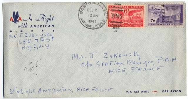 Objects | airmail flight cover: American Airlines, Boston - Nice ...