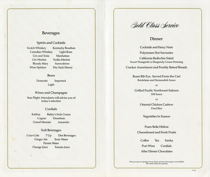 Objects | menu: Continental Airlines, Gold (First Class) | SFO Museum