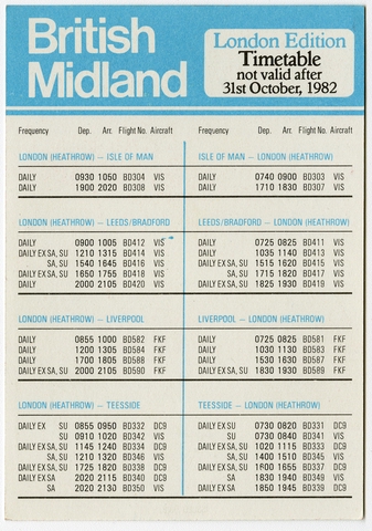 Objects | timetable: British Midland Airways, London | SFO Museum