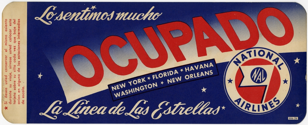 Objects | seat occupied sign: National Airlines | SFO Museum