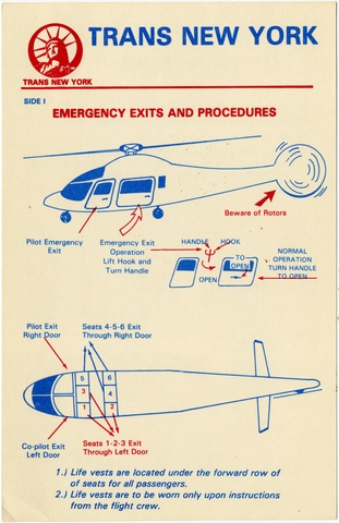 Objects | safety information card: Trans New York, Helicopter | SFO Museum